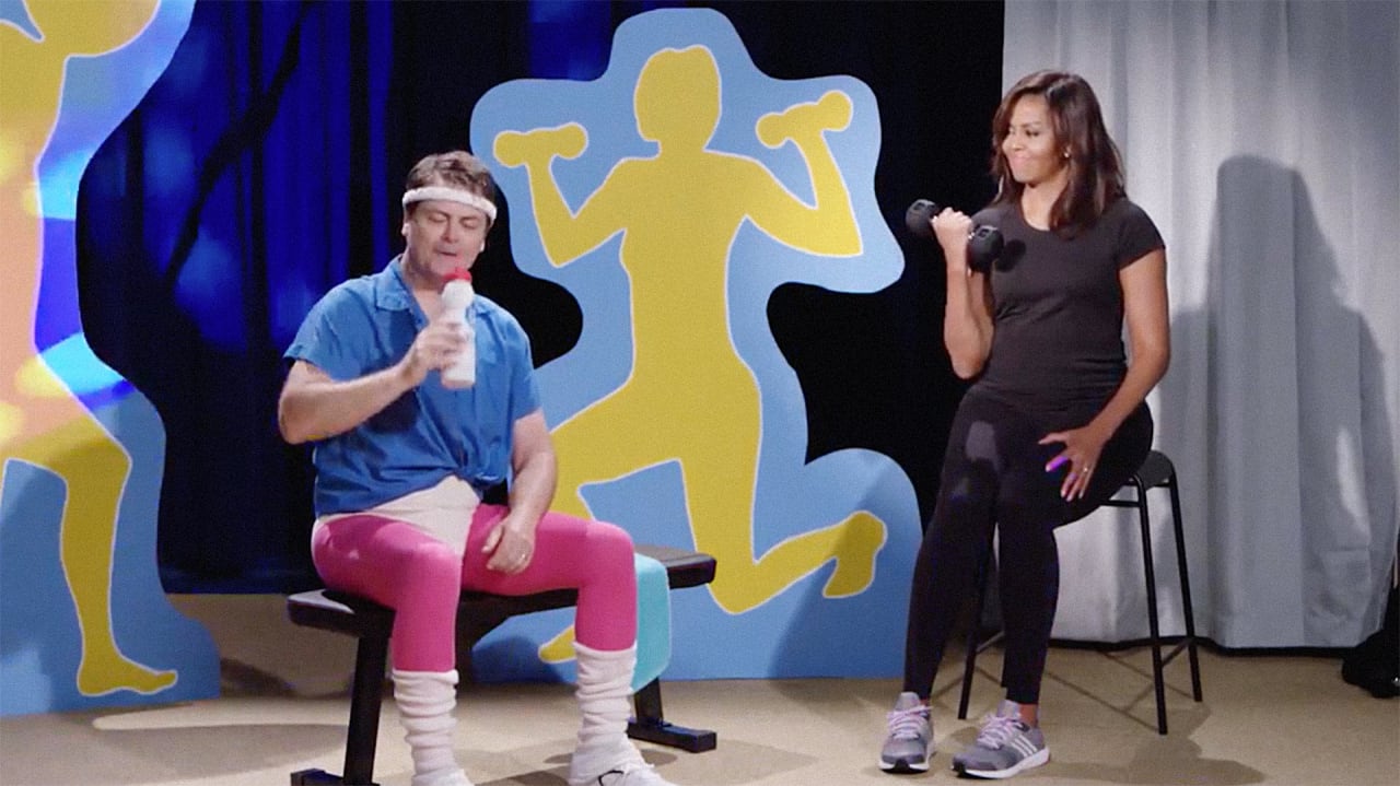 Nick Offerman And Michelle Obama Flex Every Fitness Fad Of The Last 60