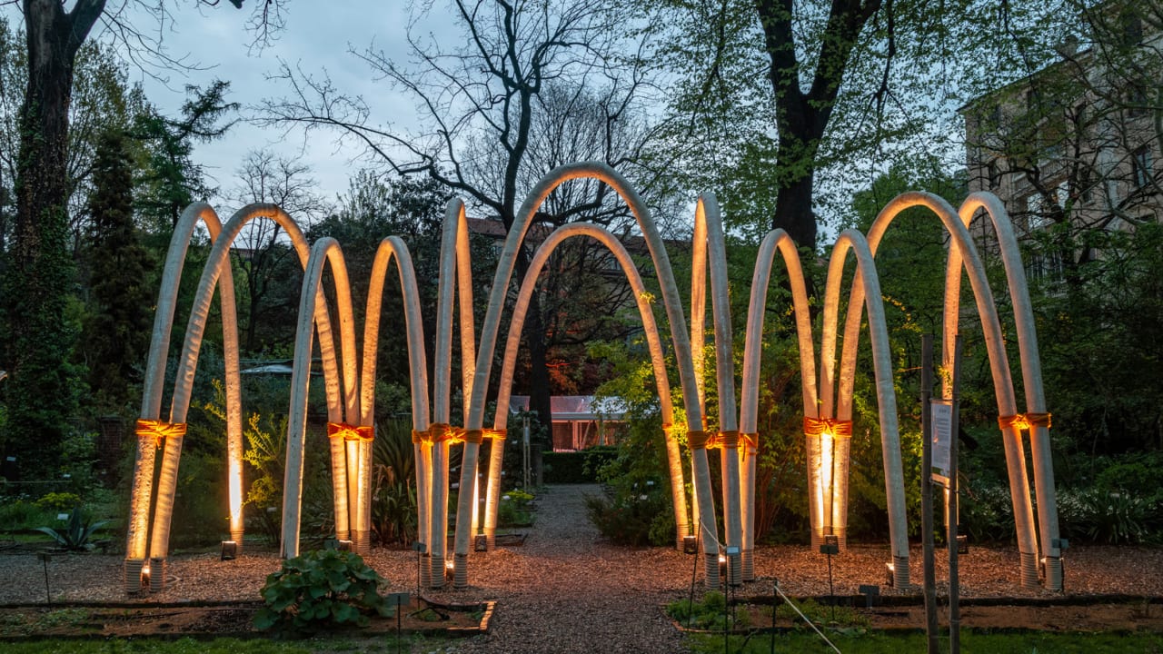 These 13-foot sculptural arches are made of mushrooms