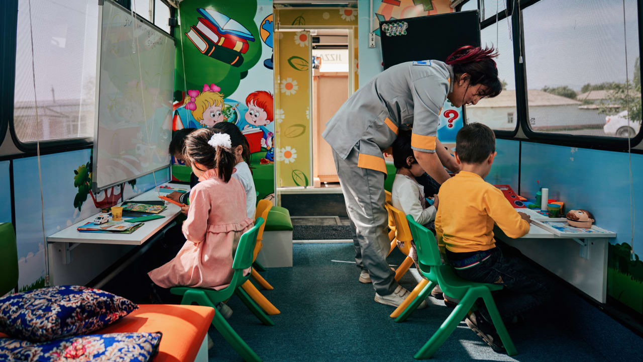 These school buses double as mobile preschools in remote areas
