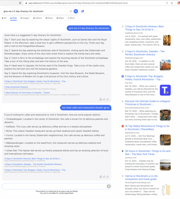 You.com’s YouChat generative AI chatbot is melded with search apps