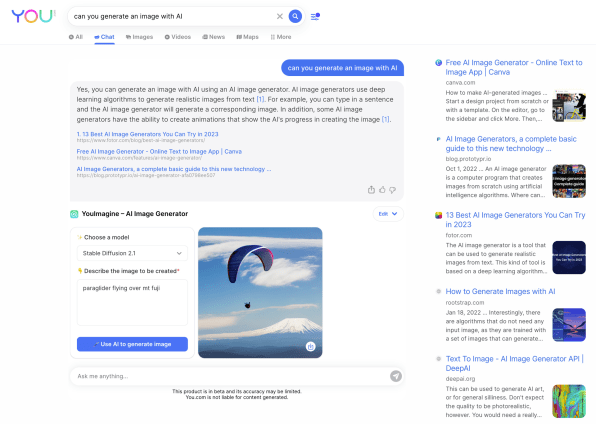 You.com’s YouChat generative AI chatbot is melded with search apps
